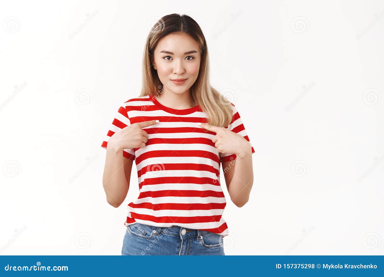 Surprised Pleased Silly Cute Asian Blond Girl Pointing Herself Index
