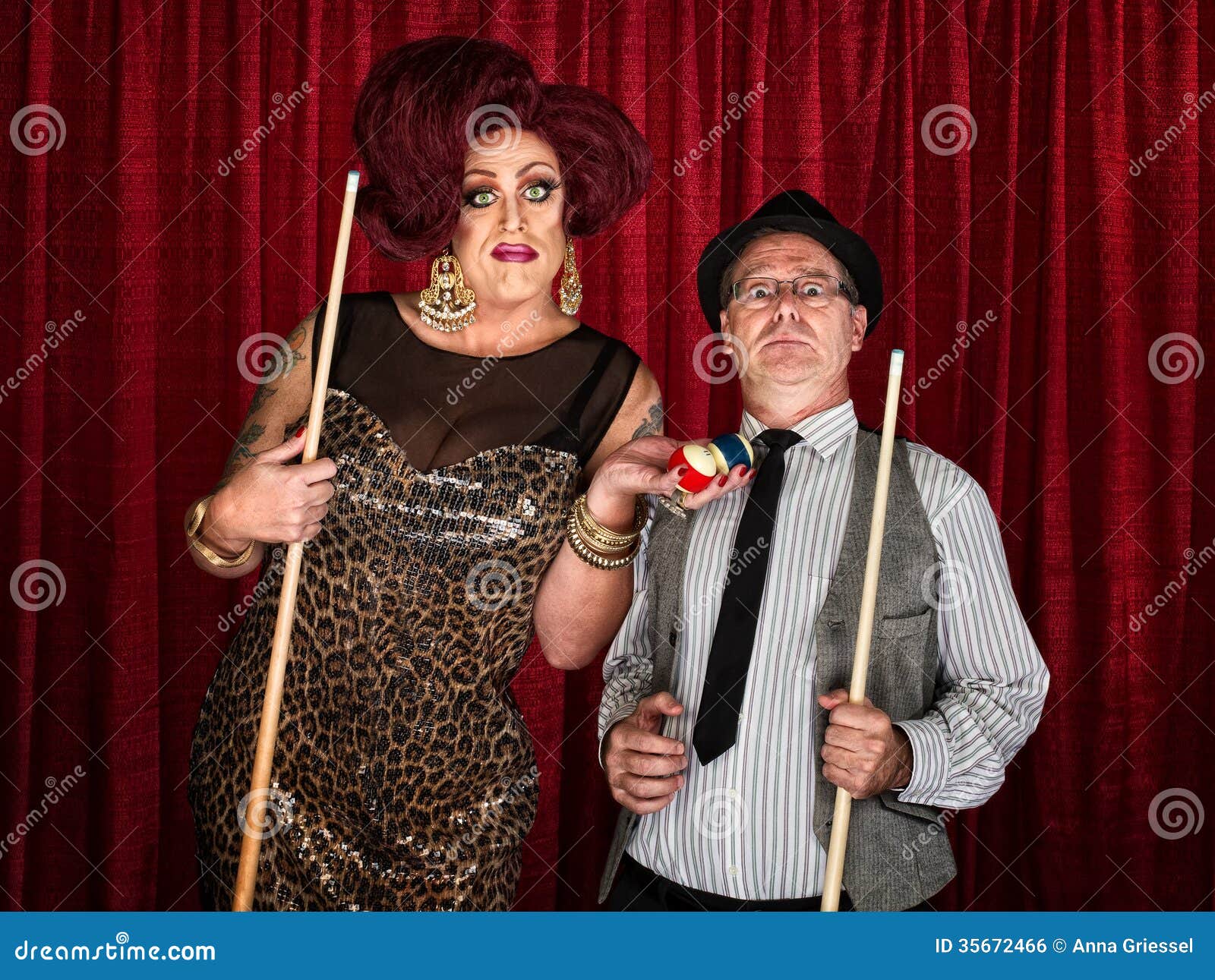 Surprised Pool Player with Drag Queen Stock Photo - Image of dramatic ...