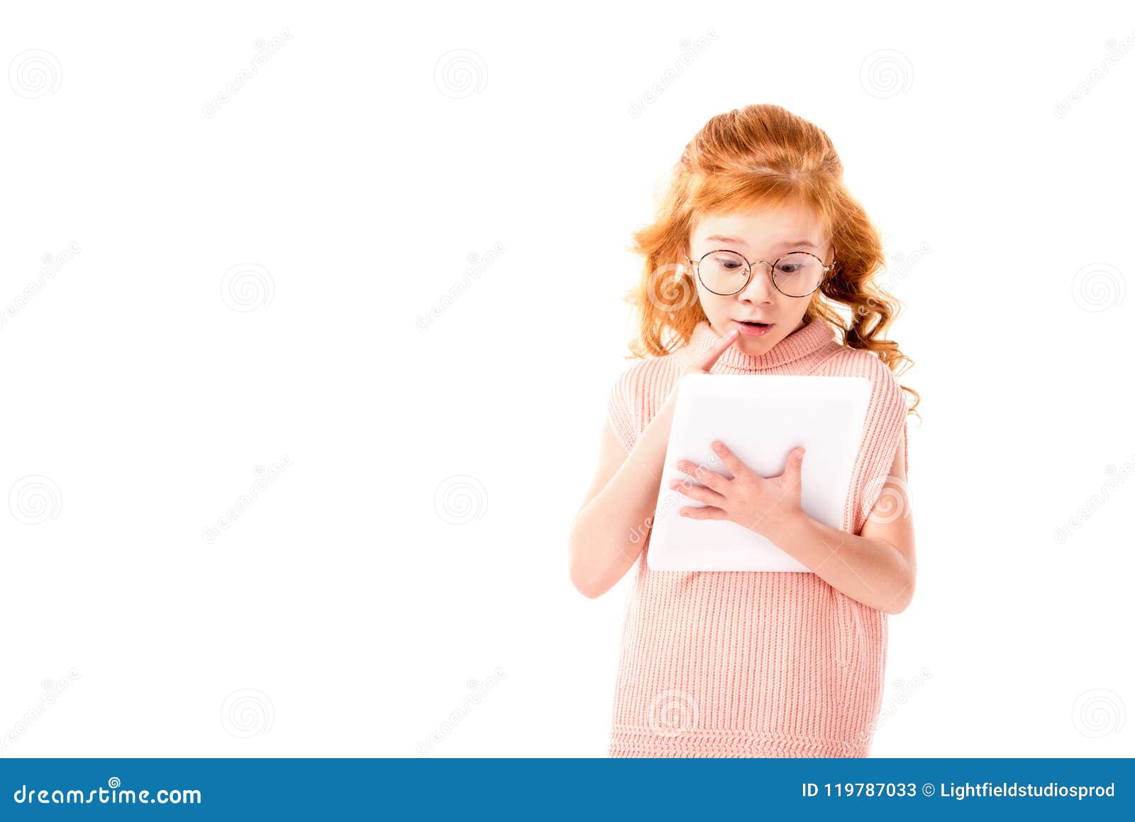 Surprised Redhead Kid Looking at Tablet Stock Image - Image of ...