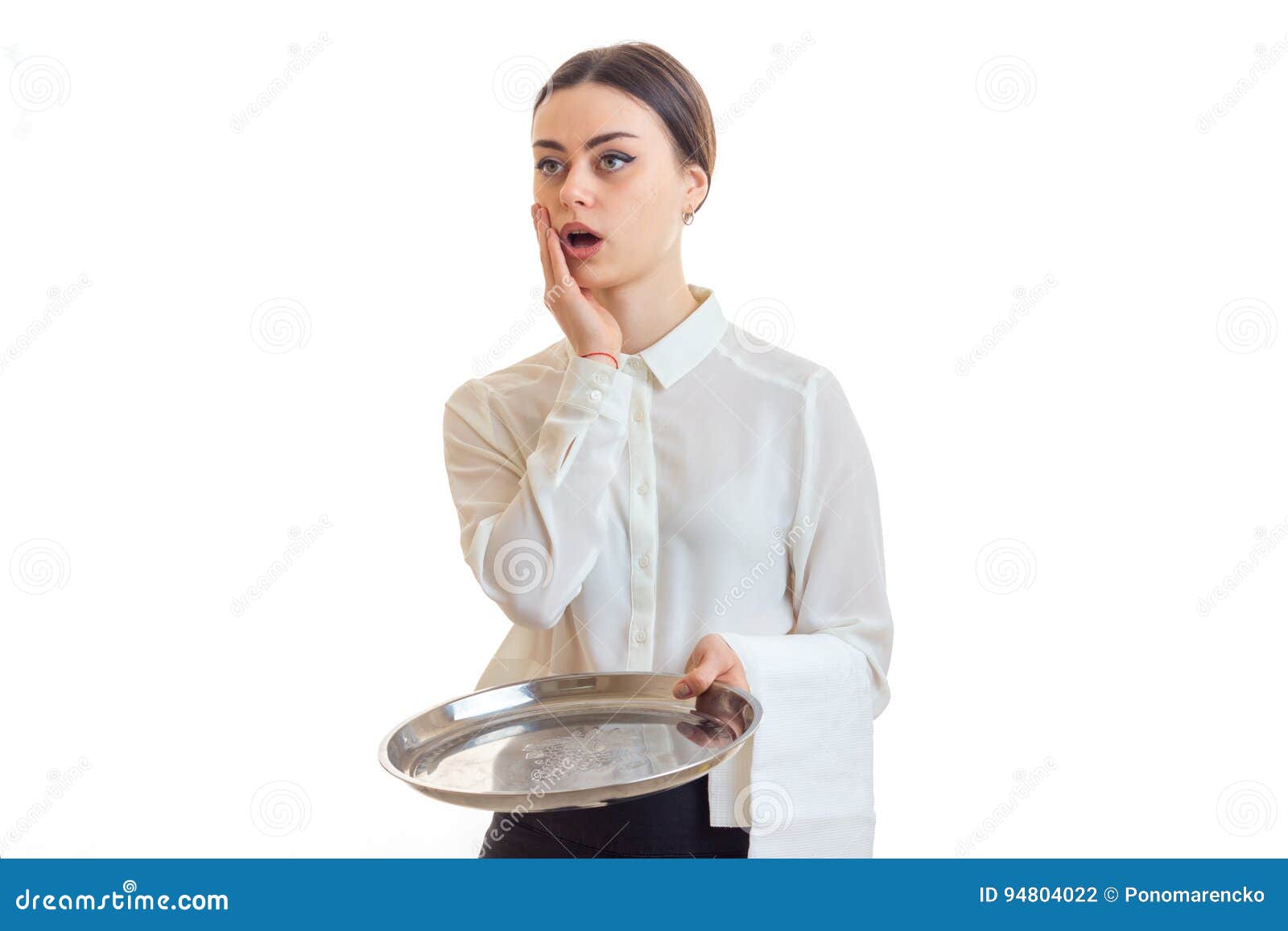 Surprised Waitress with Trey in Hands and Open Mouth Stock Photo ...