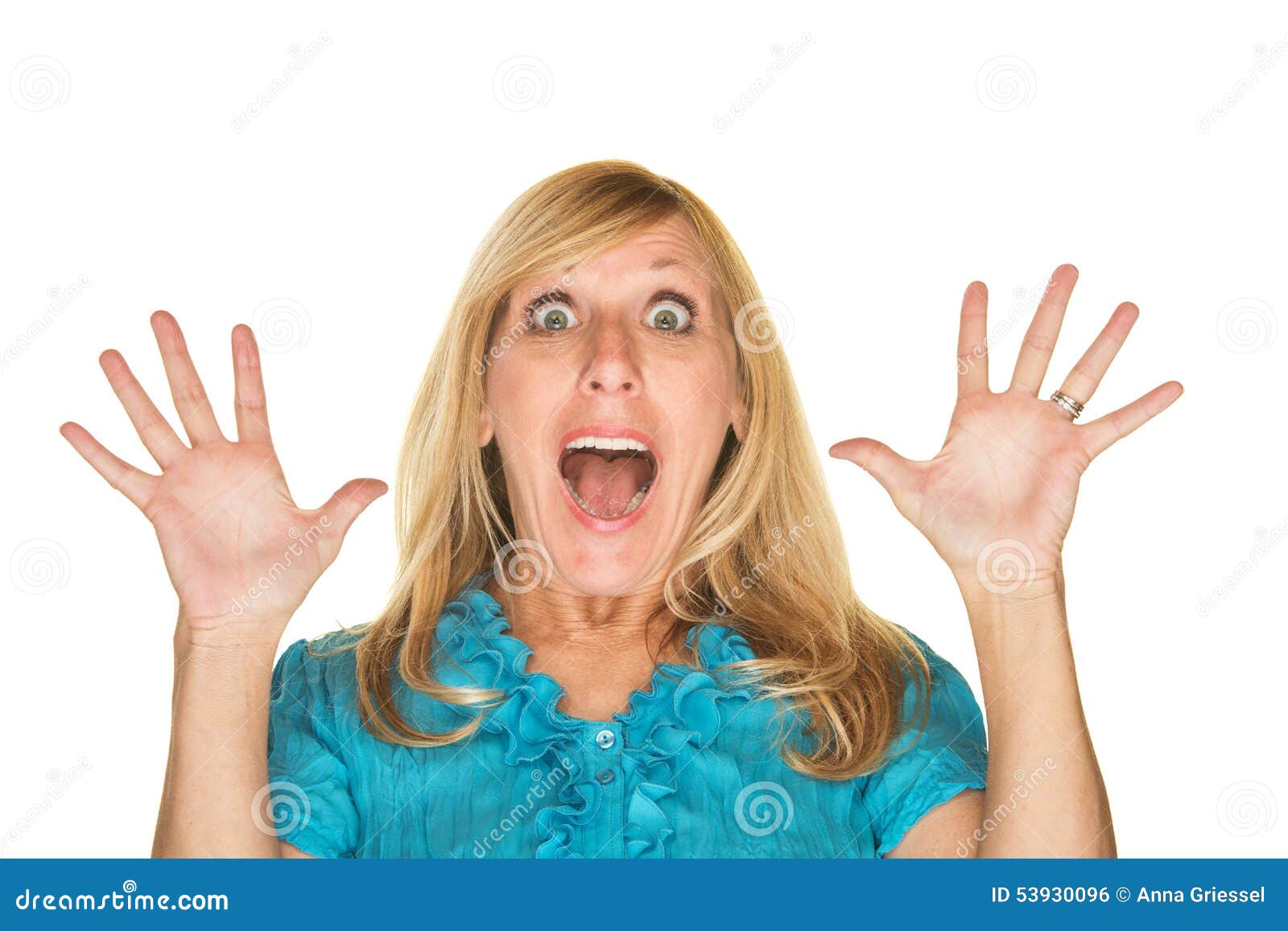Surprised Woman with Hands Up Stock Photo - Image of gesturing ...