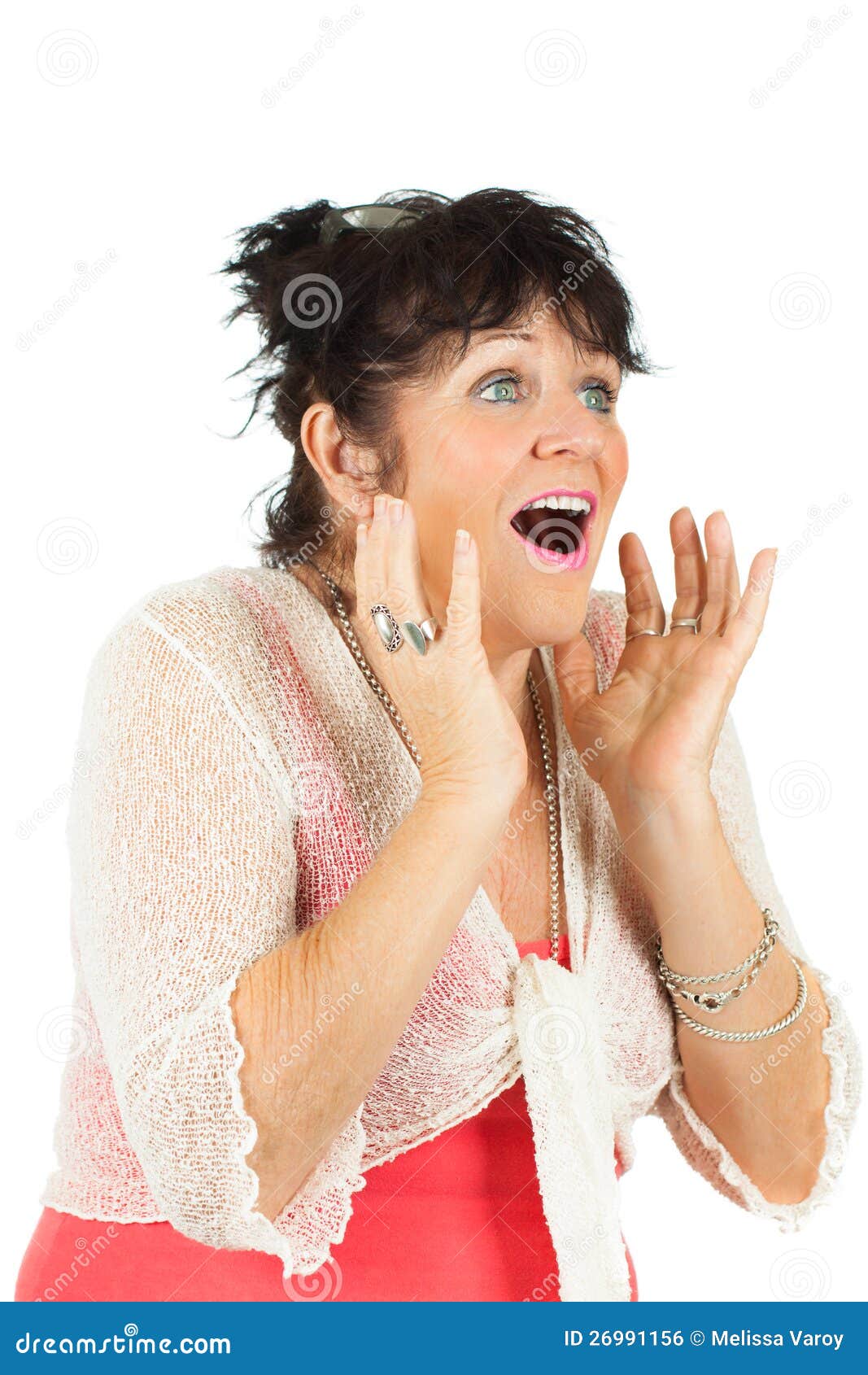 Surprised Woman Looking Up at Copy Space on White. Stock Photo - Image ...