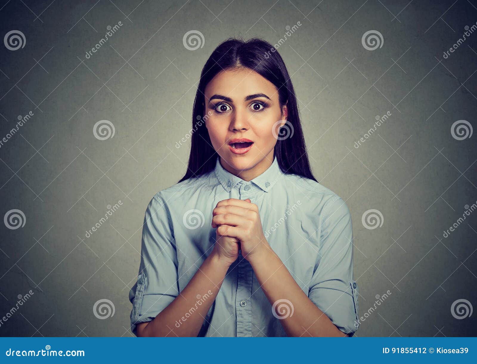 Surprised Woman Over Gray Wall Background Stock Photo - Image of ...