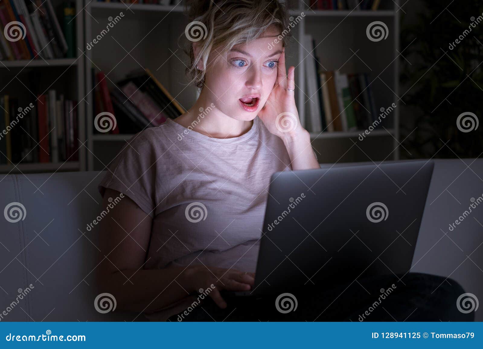 Surprised Woman Reading Message on Computer Stock Image - Image of ...
