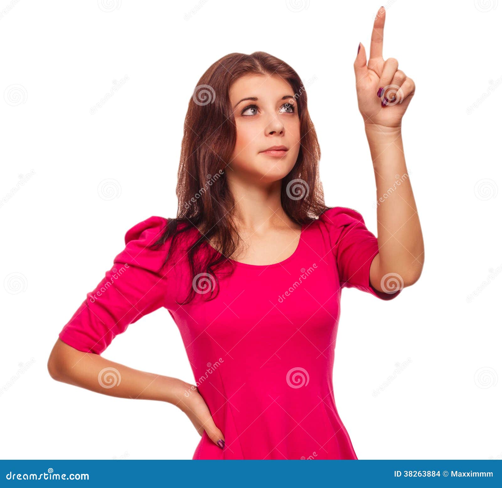 Surprised Woman Shows Finger Direction Hand Stock Photo - Image of ...