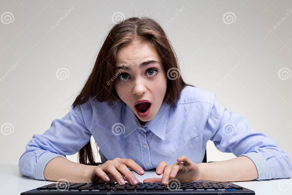 Surprised Woman Using Keyboard Closeup Stock Photo - Image of emotion ...