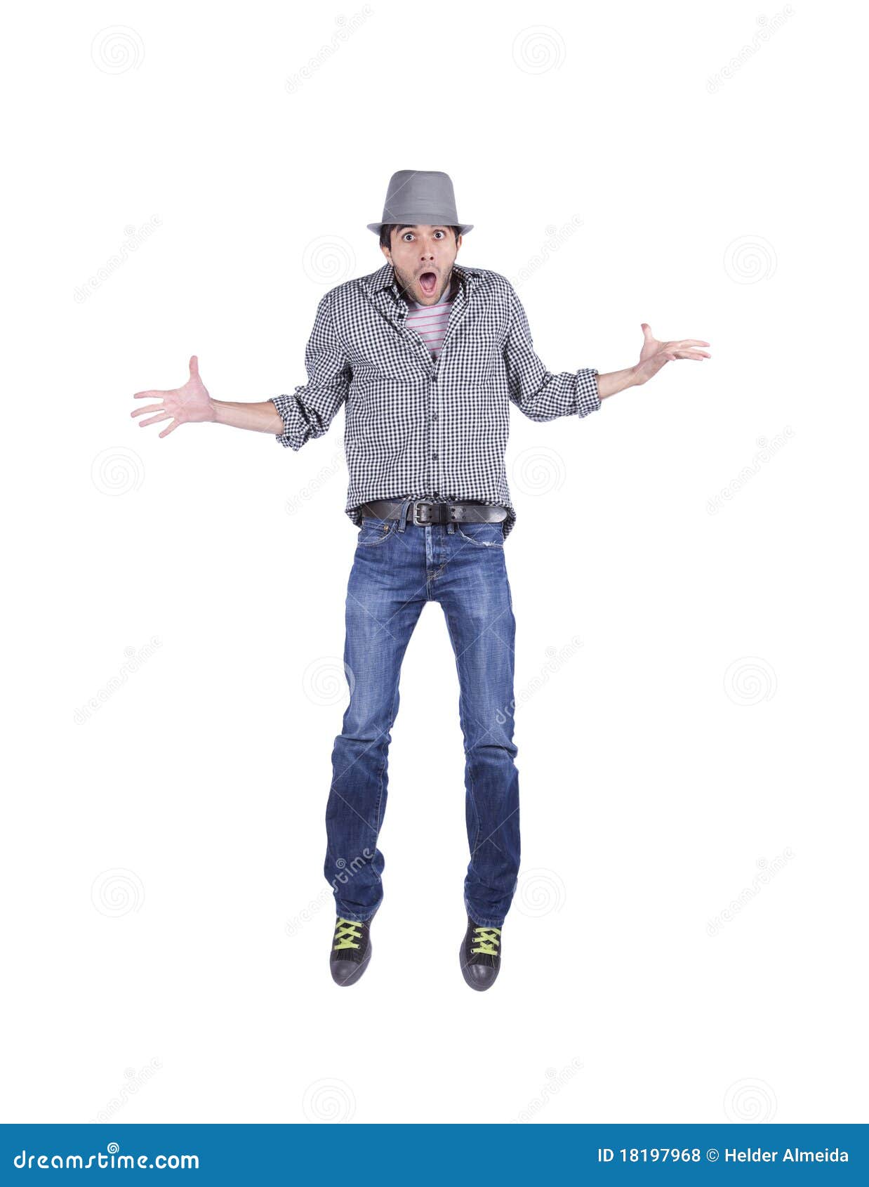 Surprised Young Man Jumping Stock Photo - Image of caucasian ...