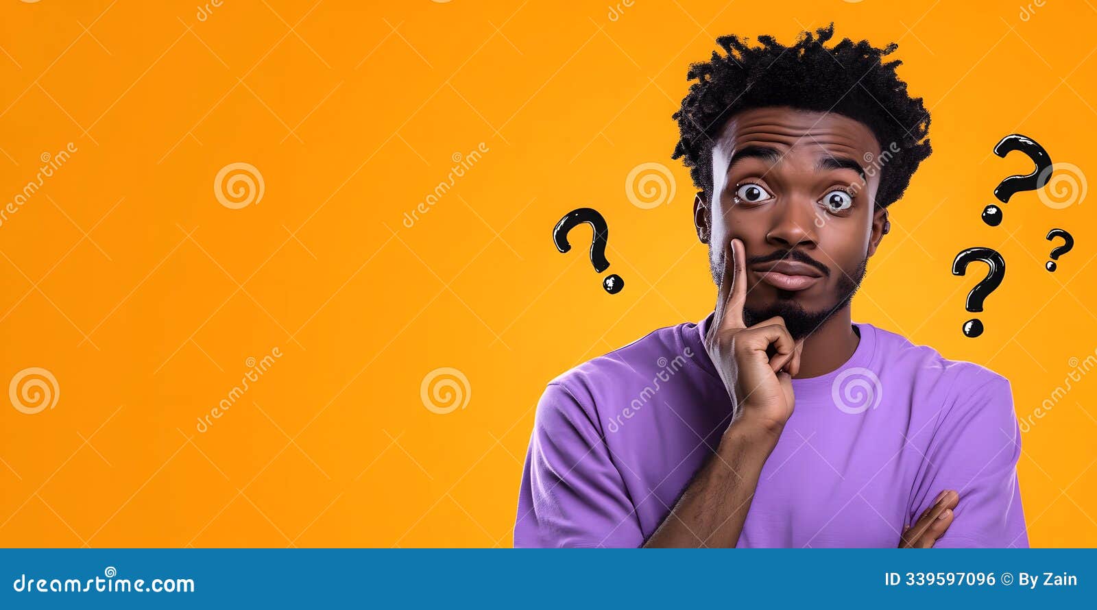 Surprised Young Man with Question Marks on Bright Orange Background ...
