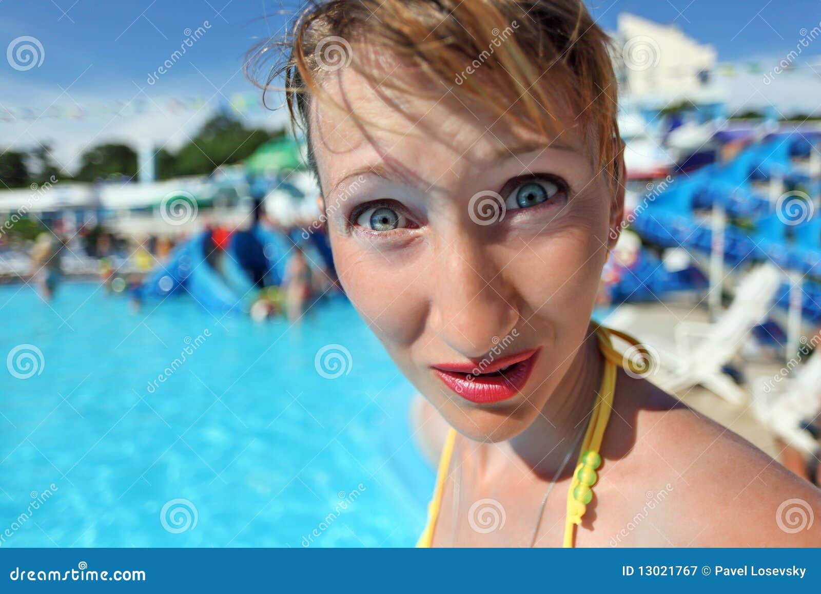 Surprised Young Woman Standing in Pool Stock Image - Image of cruise ...