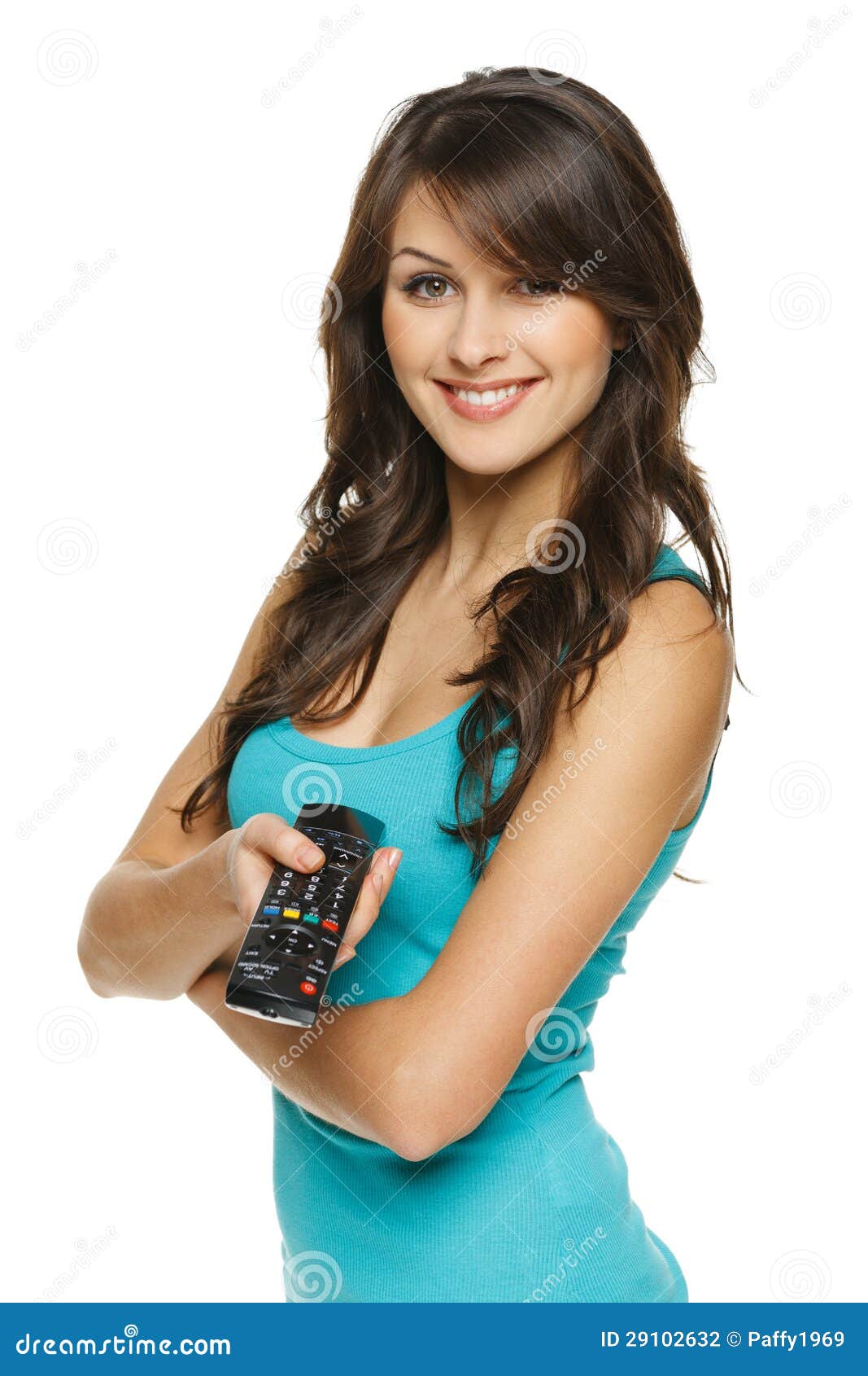 Surprised Young Woman With TV Remote Stock Photo - Image of inside ...