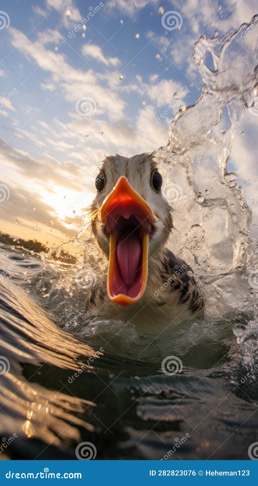 Aggressive Ducks Shocking Pose in the River with Splashes of Water ...