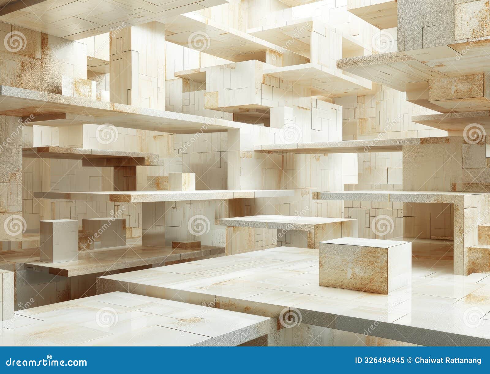 Surreal Abstract Labyrinth with Floating Blocks and Wooden Pathways in ...