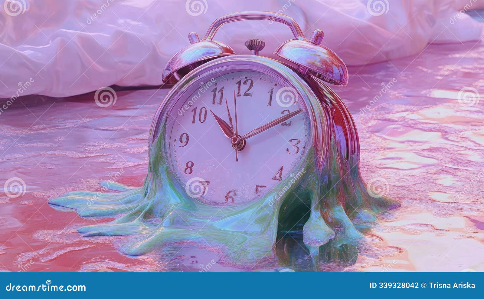 A Surreal Alarm Clock Melting on a Reflective Surface, Evoking Themes ...