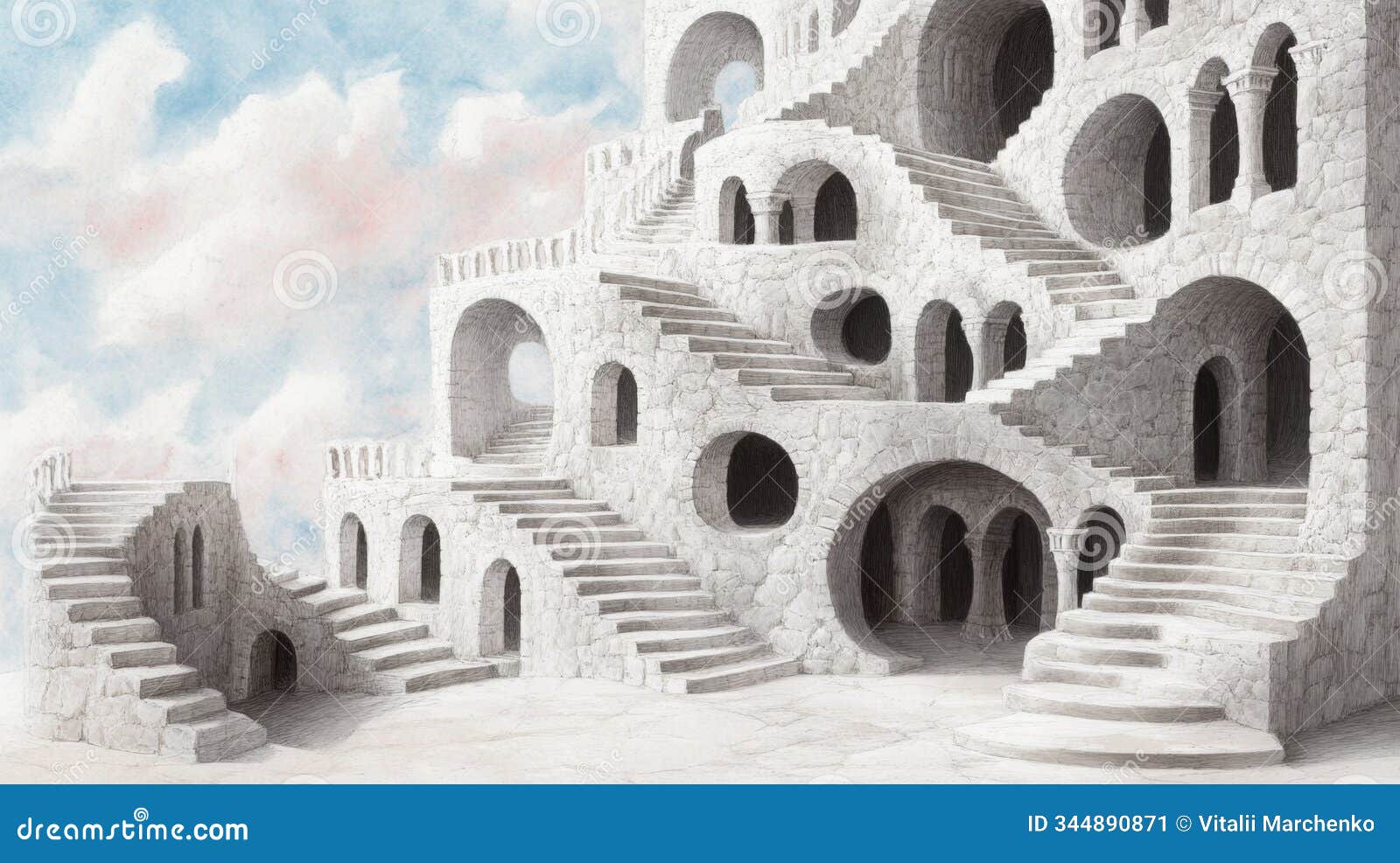 Surreal Ancient Stone Structure with Endless Stairs and Archways Stock ...