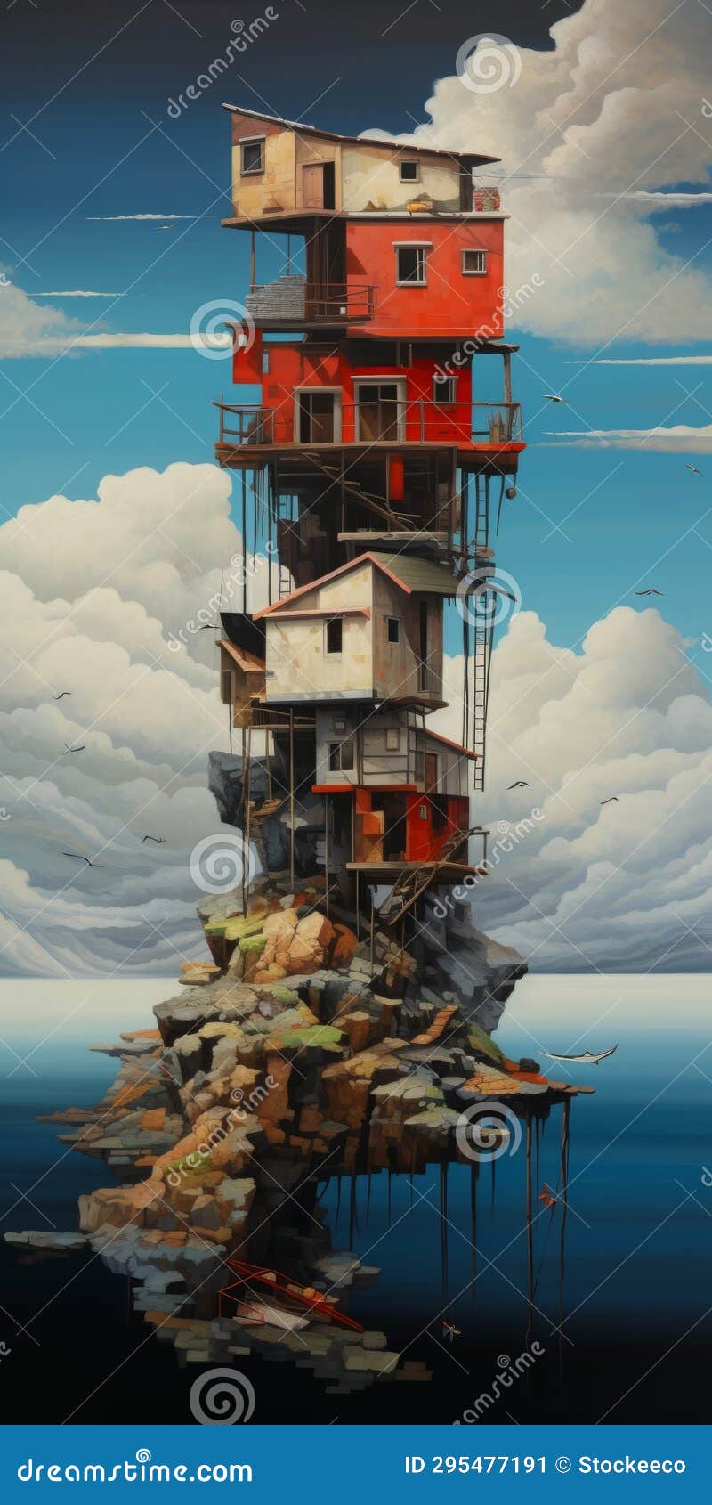 Surreal Architectural Landscape: Red House on Coastal Rocks Stock ...