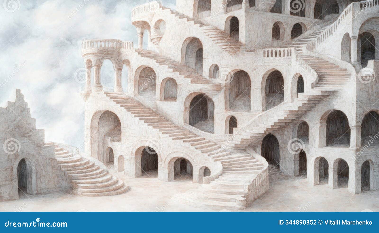 Surreal Architectural Maze with Endless Arched Staircases and Dramatic ...