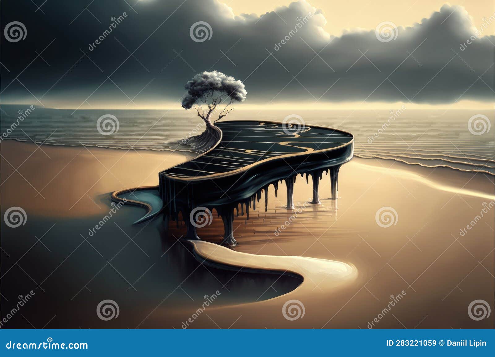 Surreal Artwork of a Black Piano Melting on a Beach Stock Illustration ...
