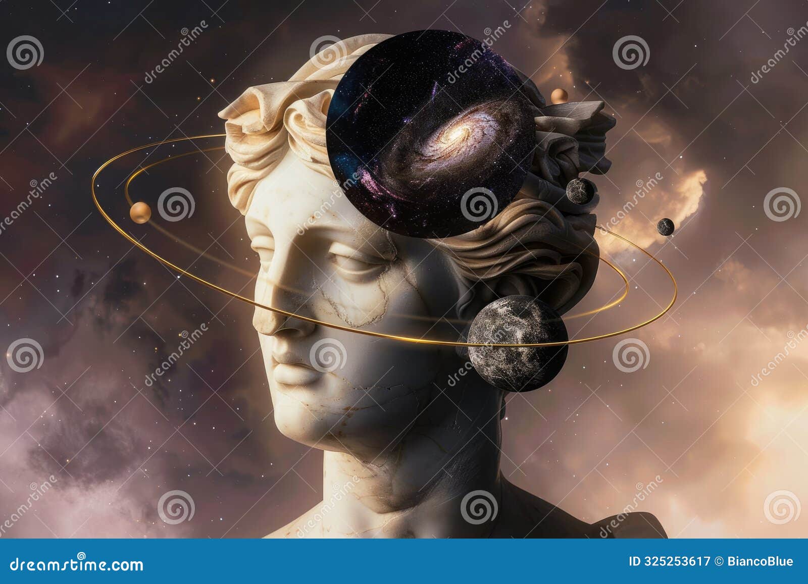 Surreal Artwork of a Classical Statue with Planets and Space Elements ...