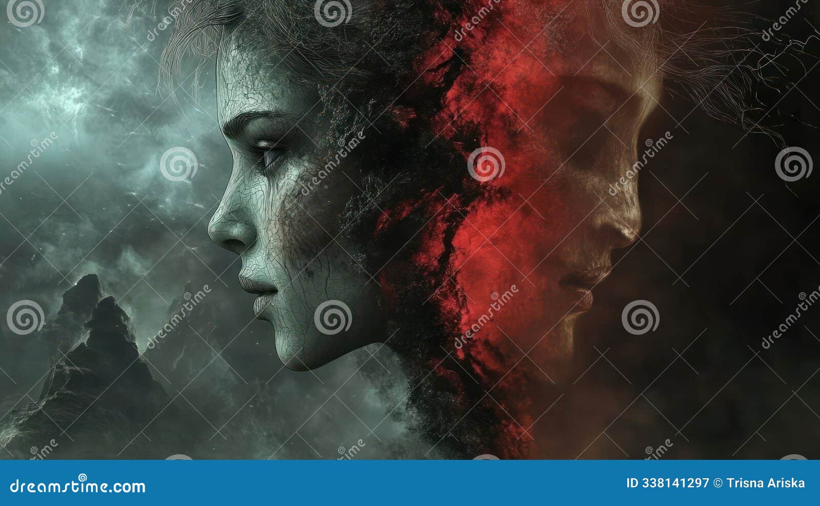 A Surreal Artwork Depicting Two Faces Merging with Dark and Fiery ...