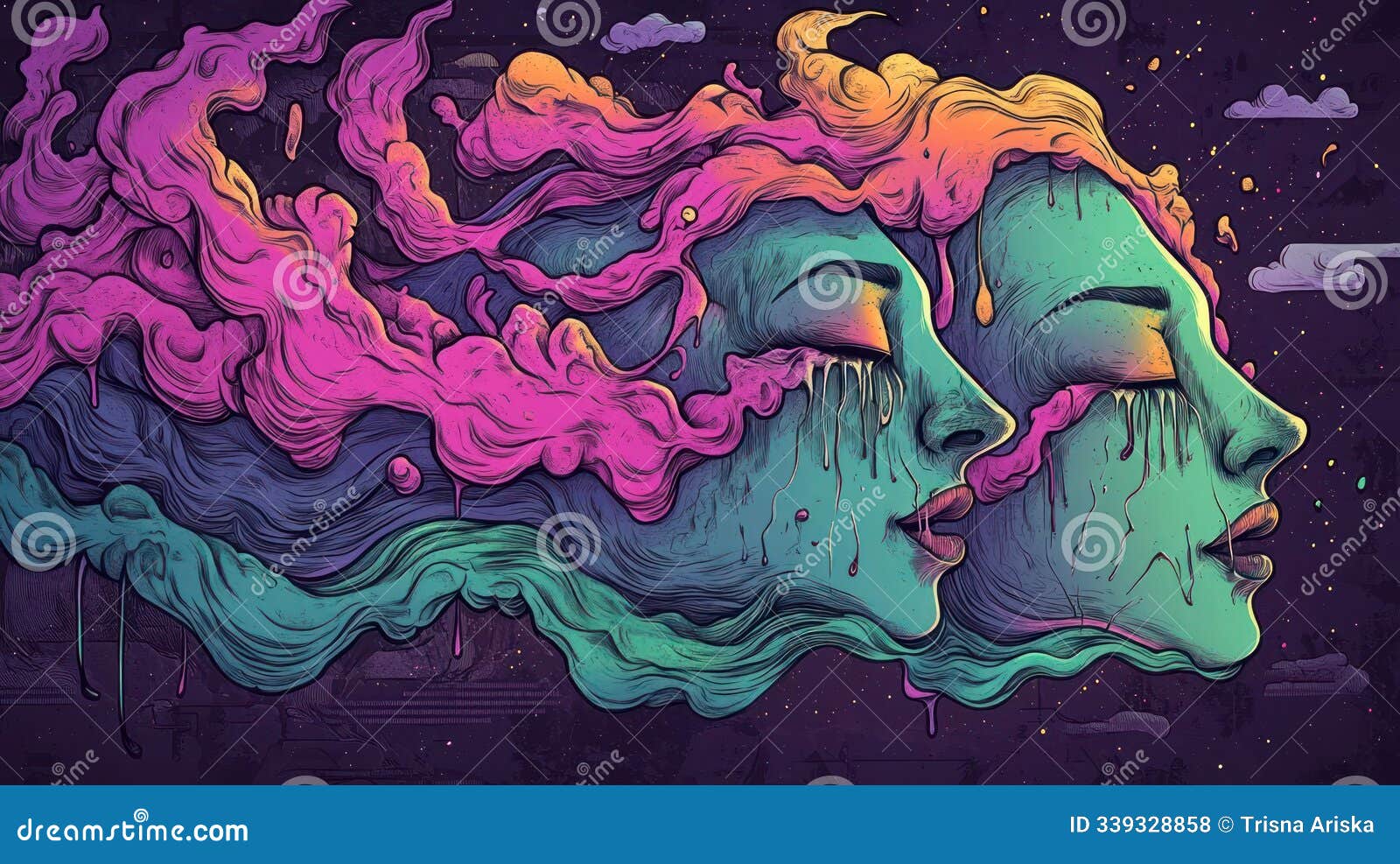 Surreal Artwork Featuring Two Faces Intertwined with Colorful Smoke and ...
