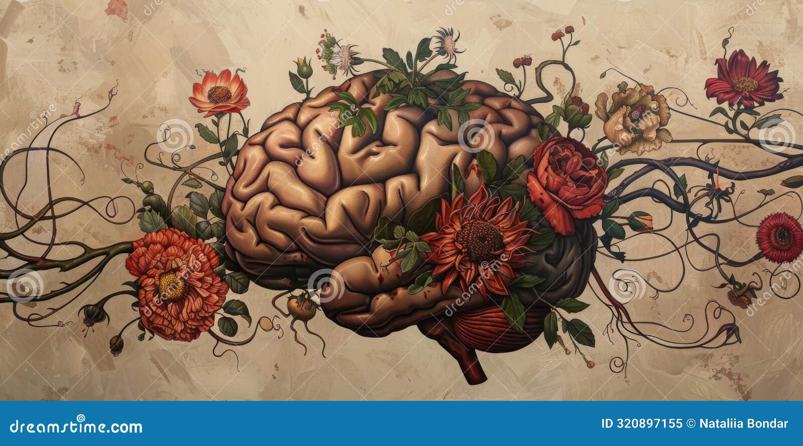 Surreal Artwork of Human Brain with Colorful Flowers and Vines ...