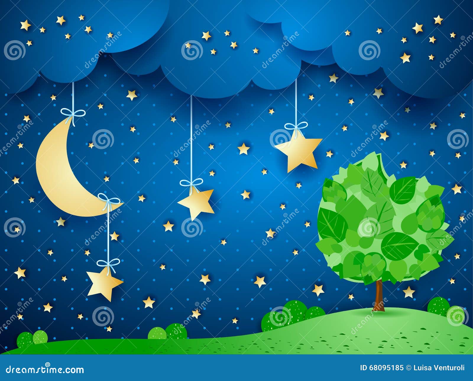 Big Moon, Tree On Top Of Terrible Mountain In River Artwork. Old Dead ...