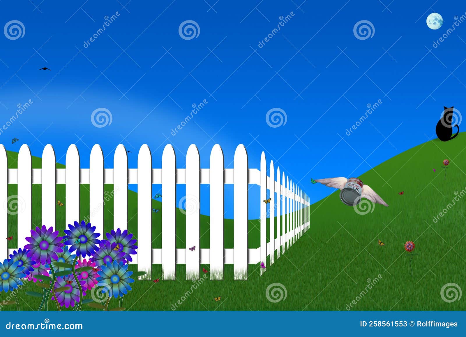 Surreal Backyard with Black Cat Stock Illustration - Illustration of ...