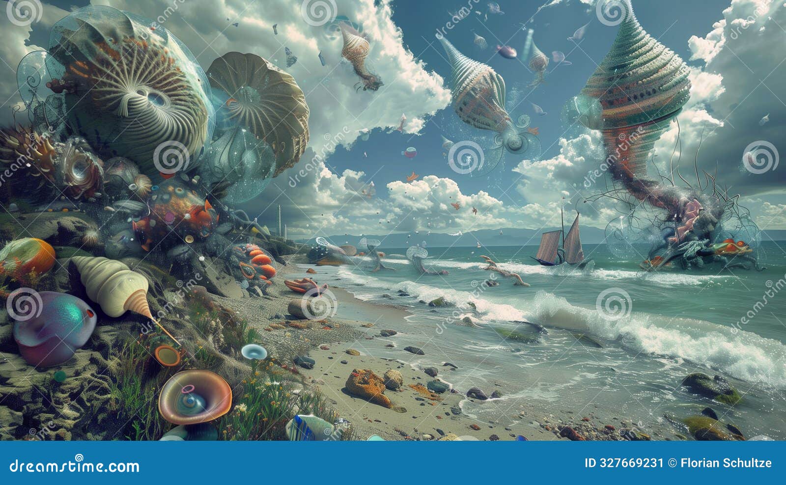 Surreal Beach with Fantastical Sea Creatures Stock Illustration ...