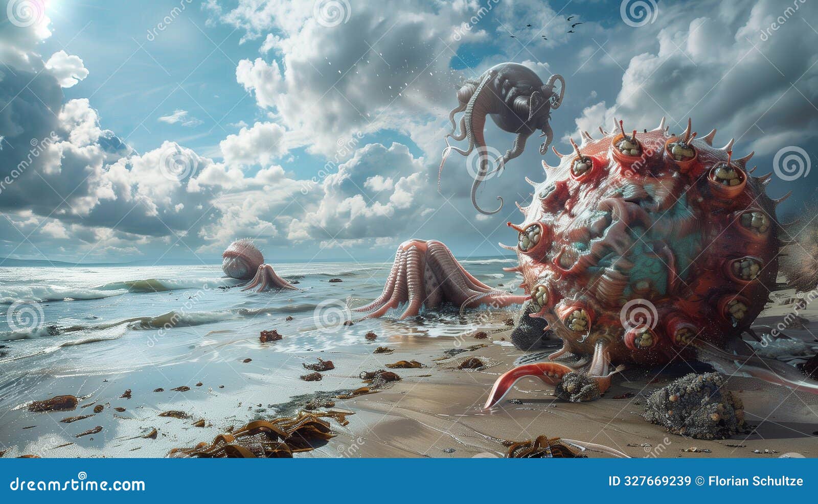 Surreal Beach with Fantastical Sea Creatures Stock Illustration ...