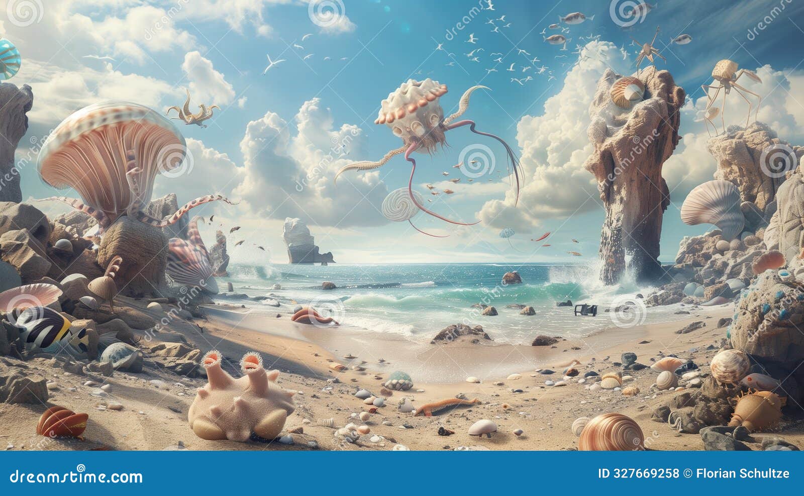 Surreal Beach with Fantastical Sea Creatures Stock Illustration ...