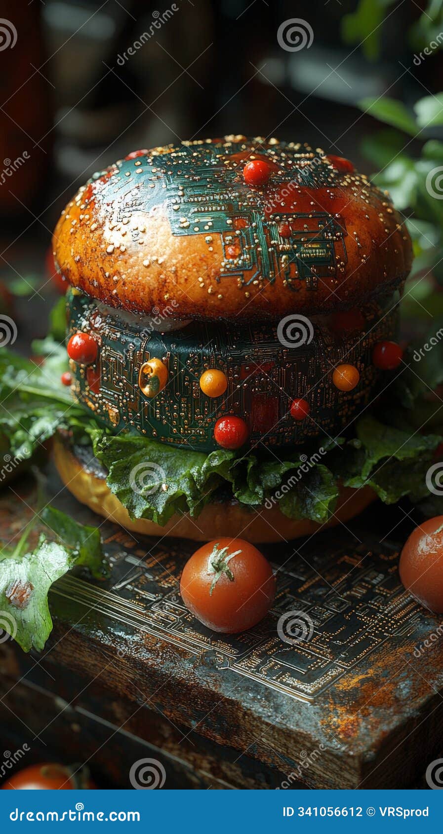 Futuristic Burger with Circuit Board Patterns and Organic Details Stock ...
