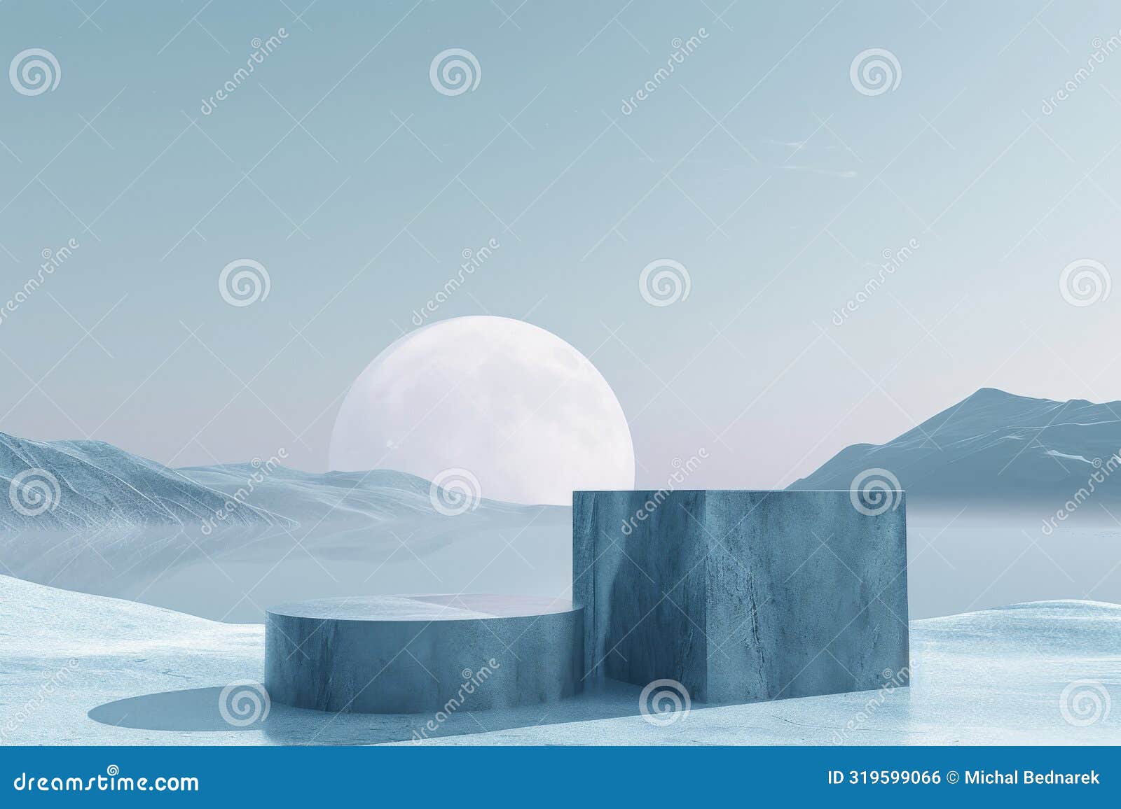 Surreal Blue Landscape with Geometric Concrete Structures and Moon ...