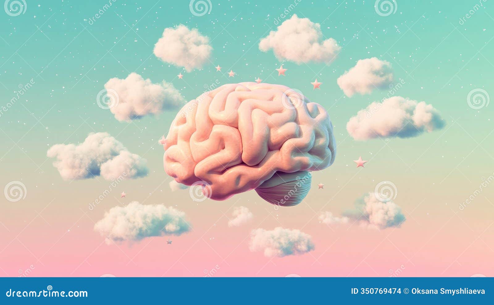 Surreal Brain Floating among Dreamy Clouds and Stars in Pastel Sky ...