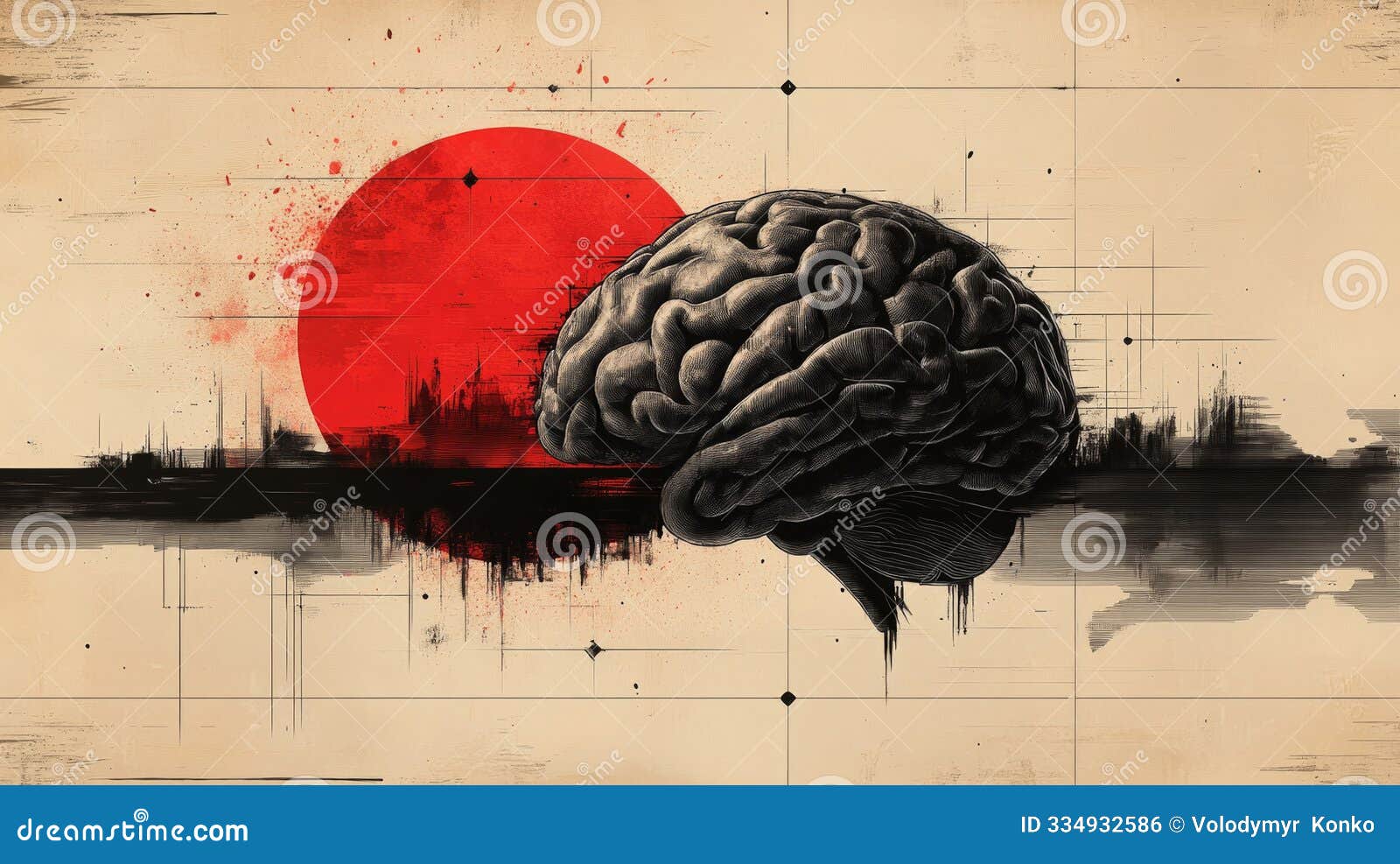 Surreal Brain Illustration with Red Sun and Abstract Elements Stock ...
