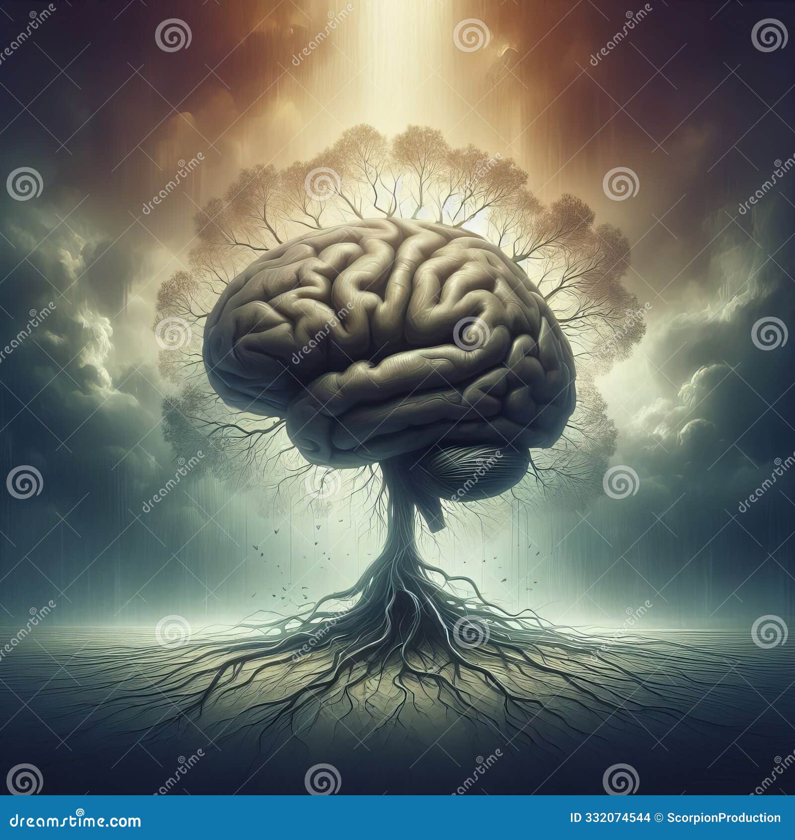 Surreal Brain Tree with Dramatic Lighting and Roots Stock Photo - Image ...