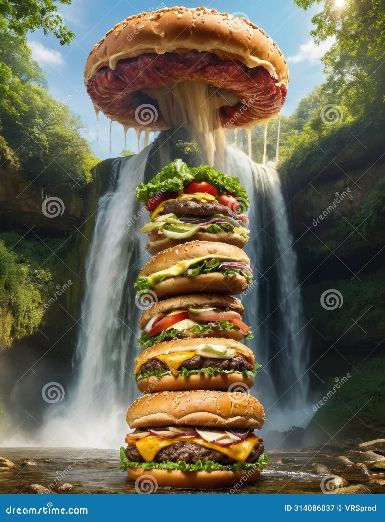 Surreal Burger Tower Waterfall Stock Image - Image of burger ...