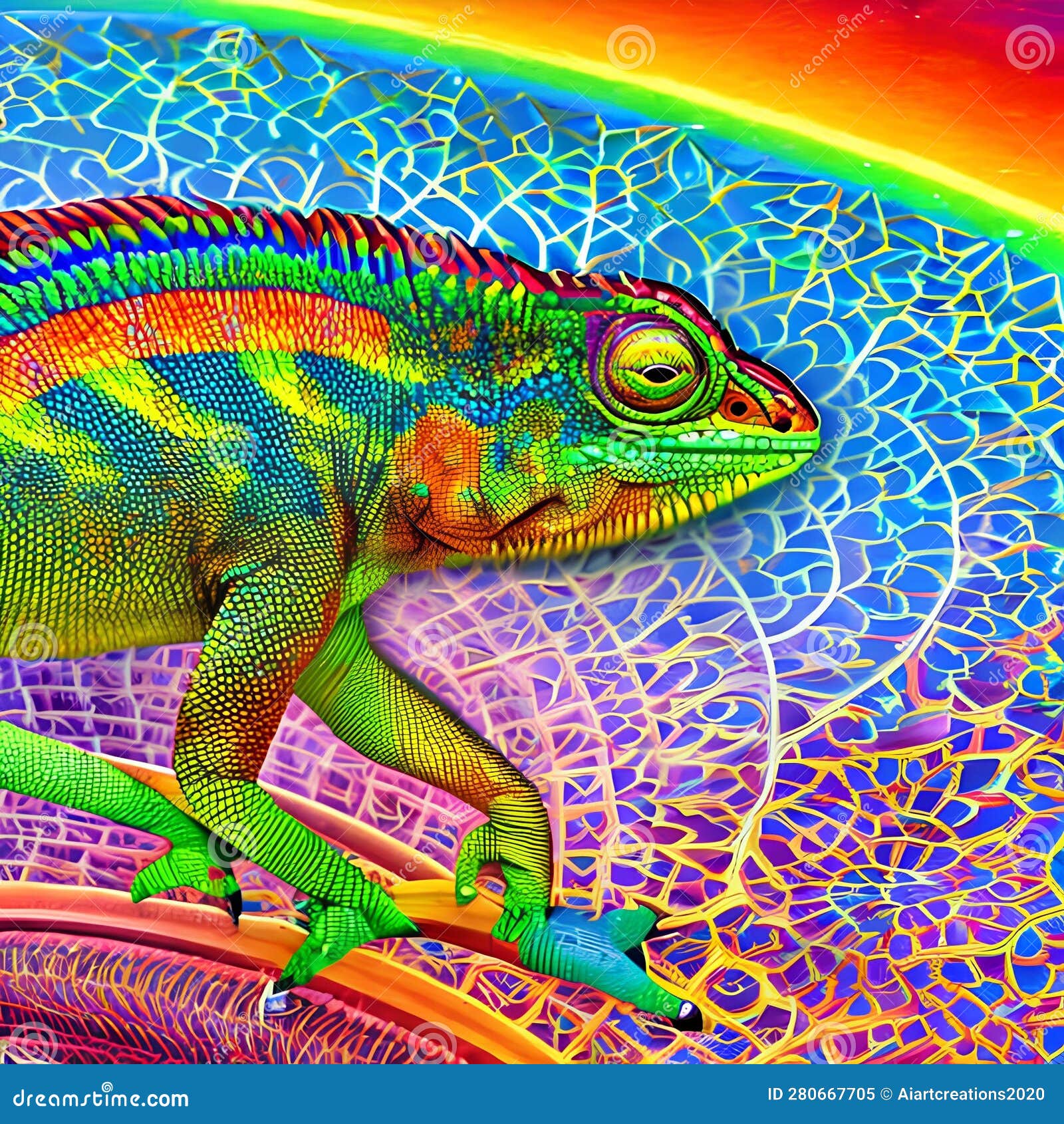 A Surreal Chameleon with Vibrant Rainbow Patterns, Blending Seamlessly ...
