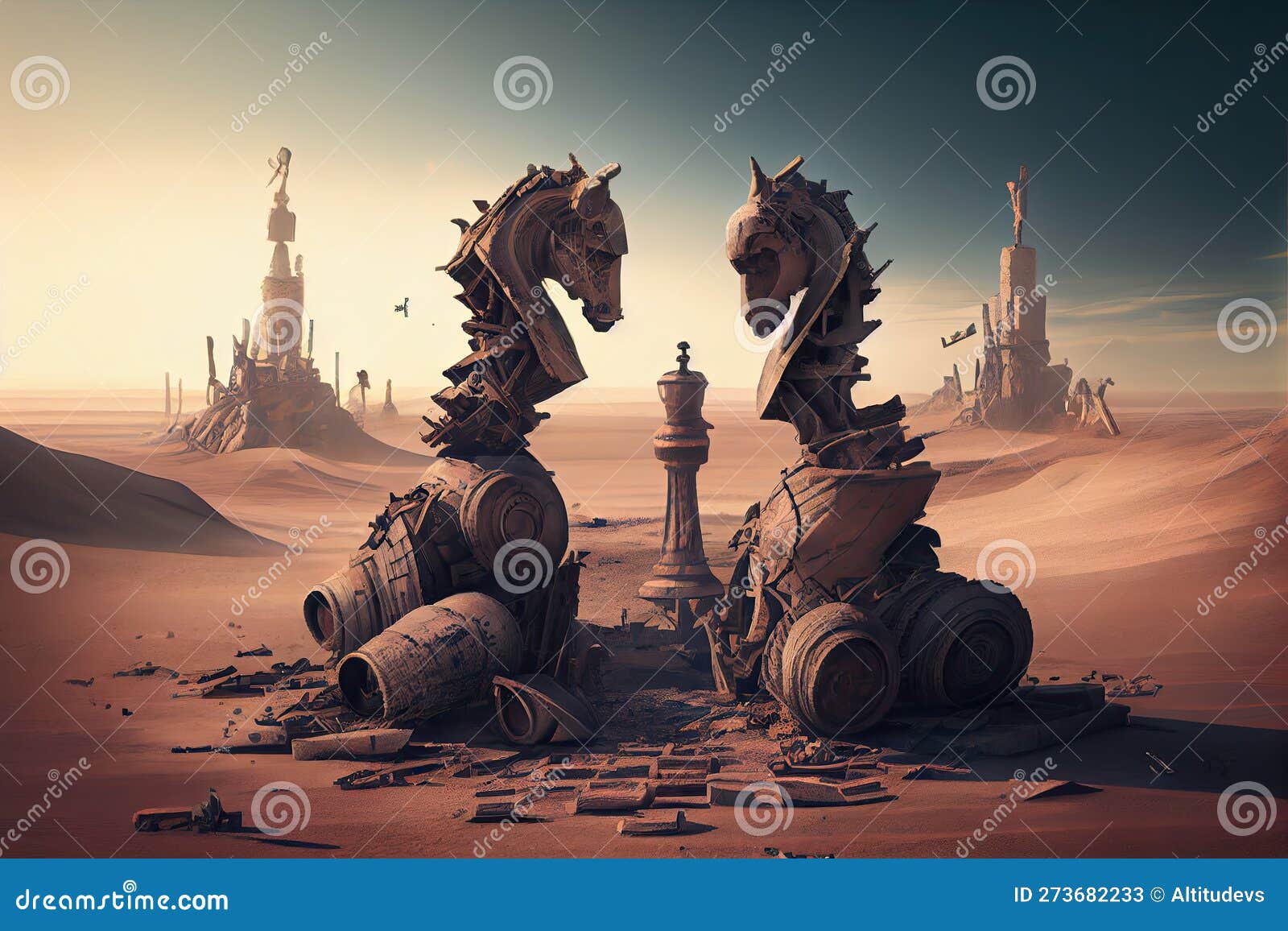 Surreal Chess Battle in a Post-apocalyptic Landscape, with Broken ...