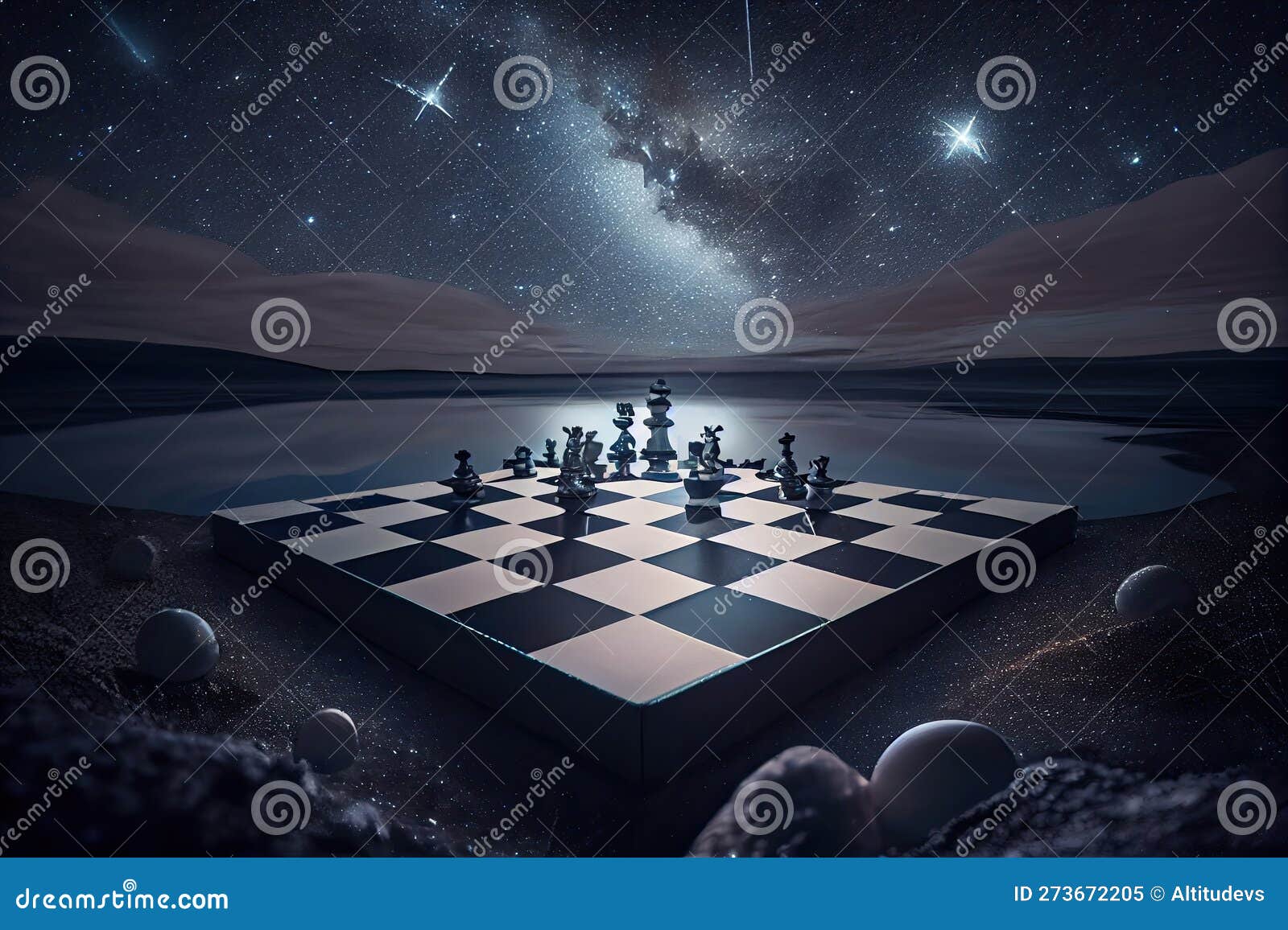 Surreal Chess Board Floating in Midair, with a View of the Night Sky ...