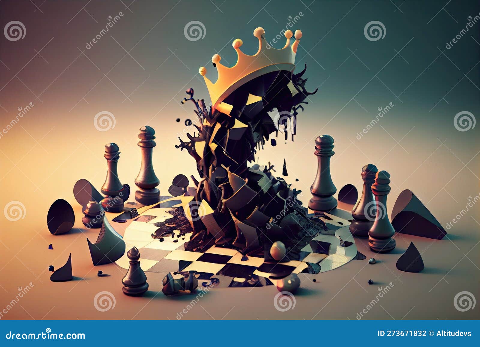 Surreal Chess Game, with Broken and Scattered Pieces on the Board Stock ...