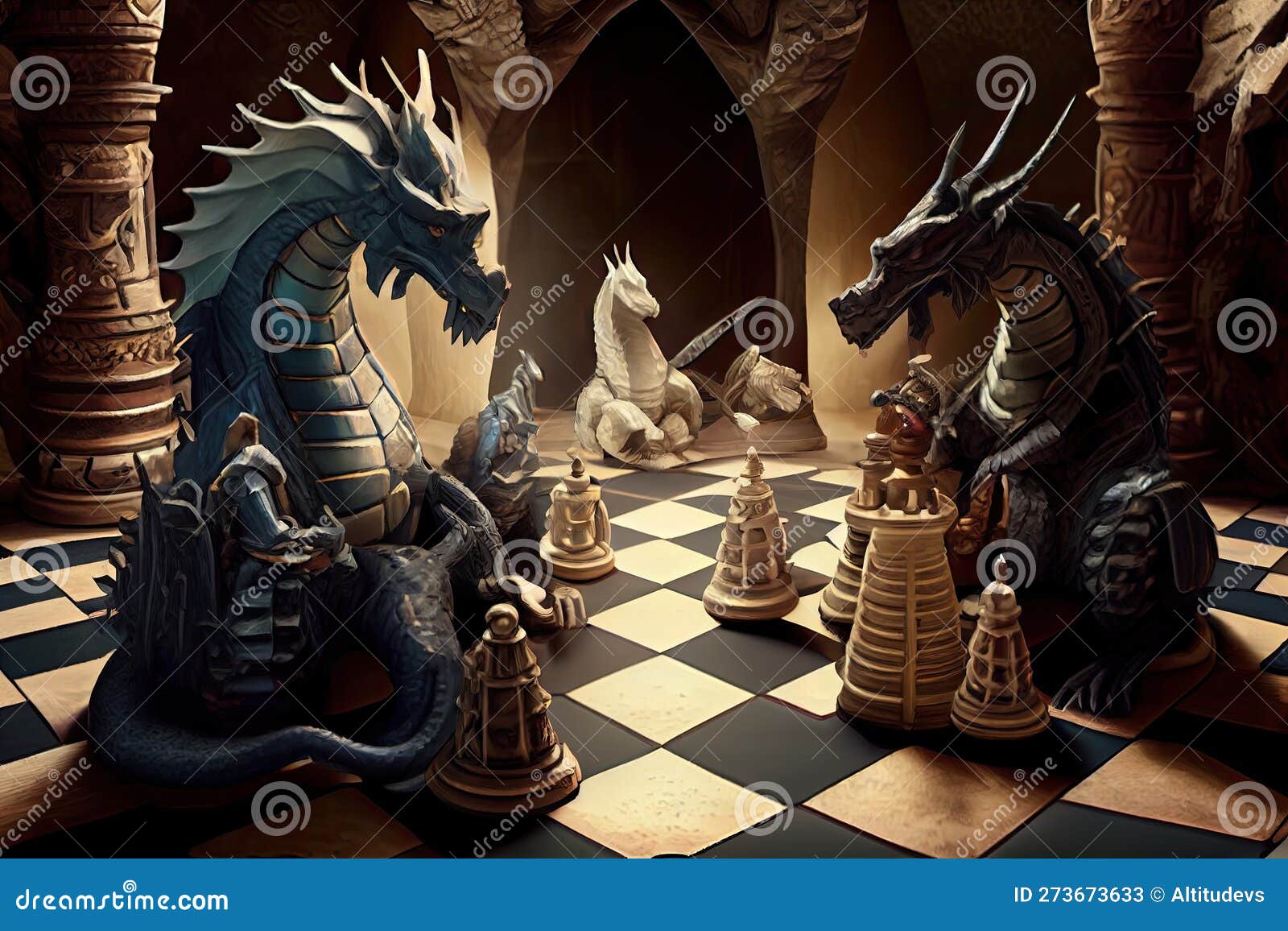 Surreal Chess Game with Unusual Setting, Featuring Dragons and Knights ...