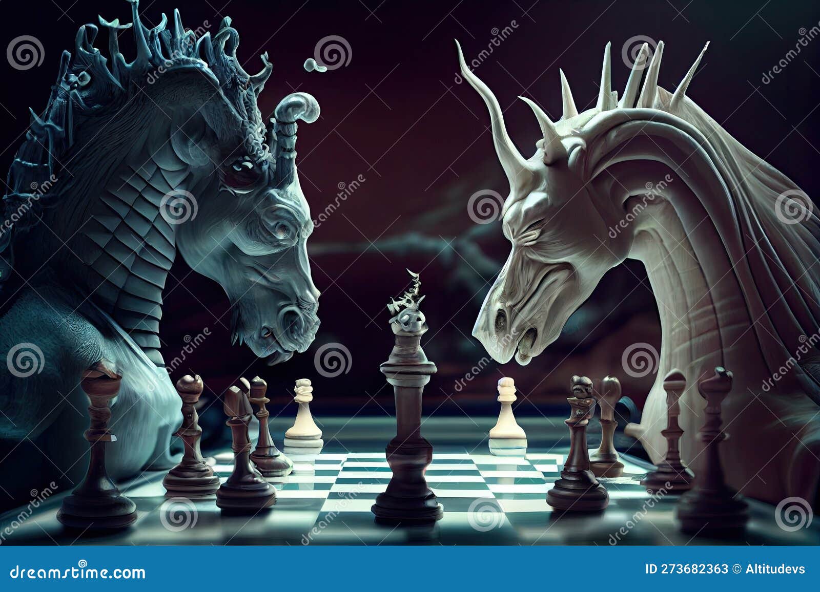 Surreal Chess Match between Two Mythical Creatures Stock Illustration ...