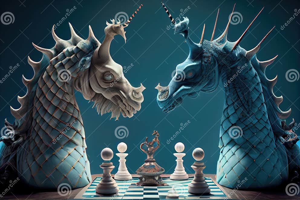 Surreal Chess Match between Two Mythical Creatures Stock Illustration ...