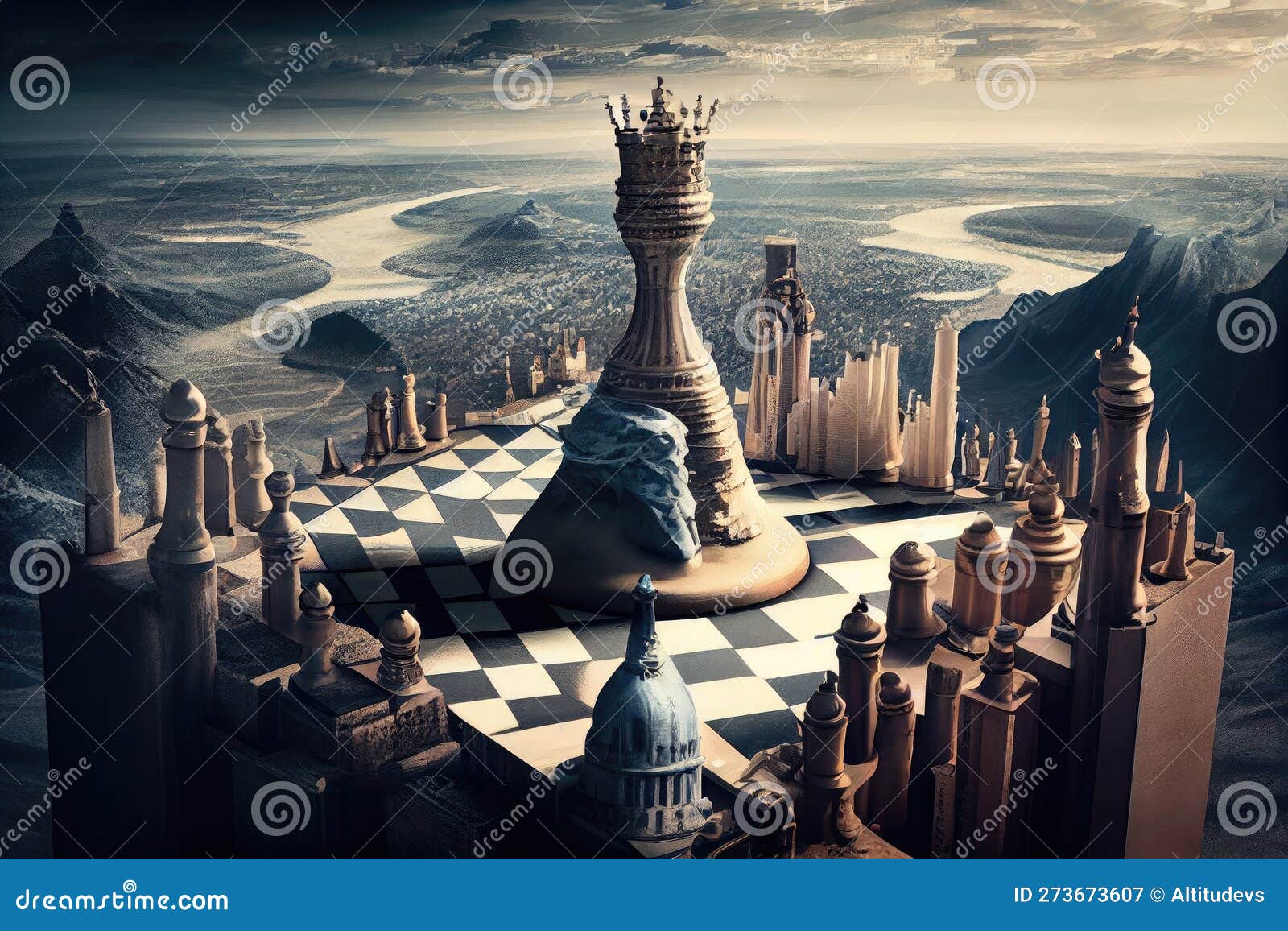 Surreal Chess Setting on a Flying Carpet, with Views of the City Below ...