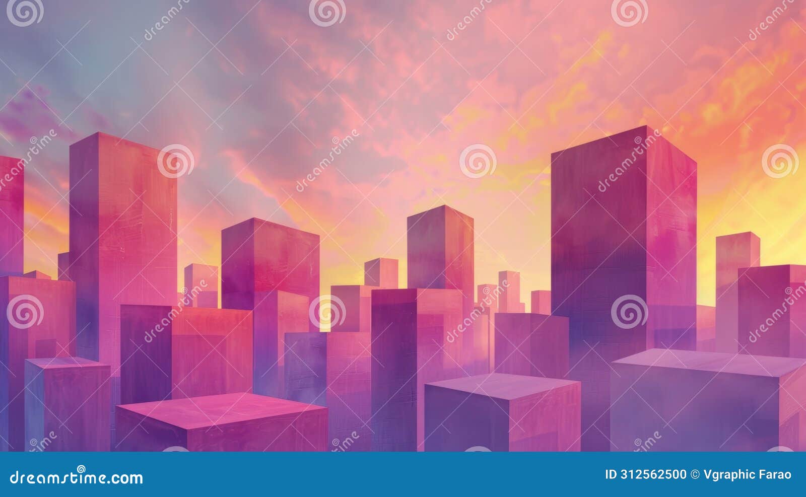 Surreal Cityscape with Colorful Blocks and Sunset Sky Stock ...