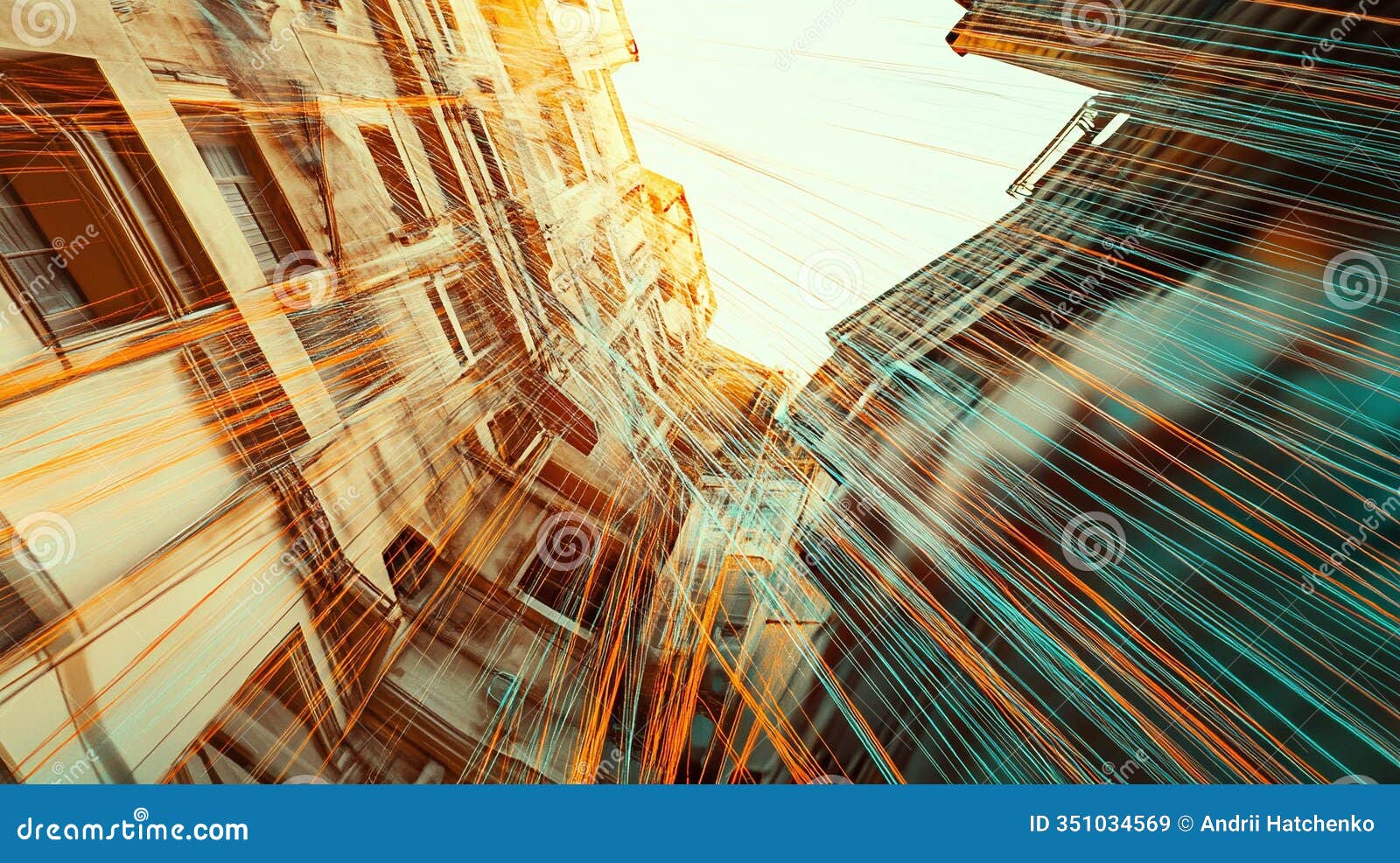 A Surreal Cityscape Where Colorful Threads Fall from the Sky Like Rain ...