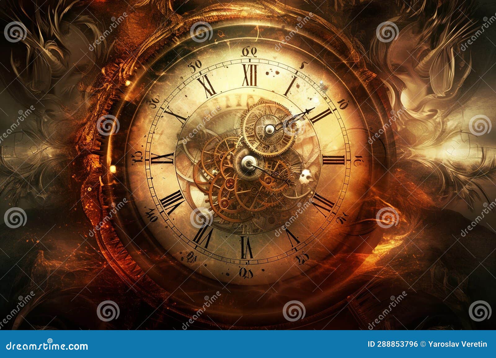 Surreal Clock: Fiery Orange Backdrop, Abstract Patterns, Roman Numerals ...