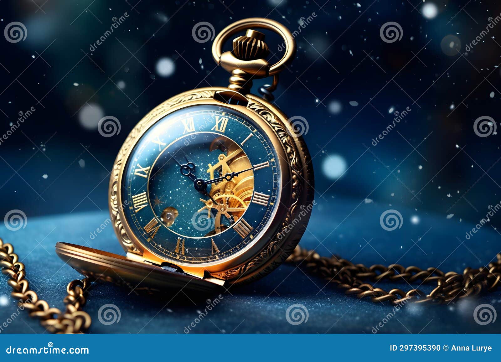 A Surreal Clock with Floating Orbs and Blue Colors Stock Illustration ...