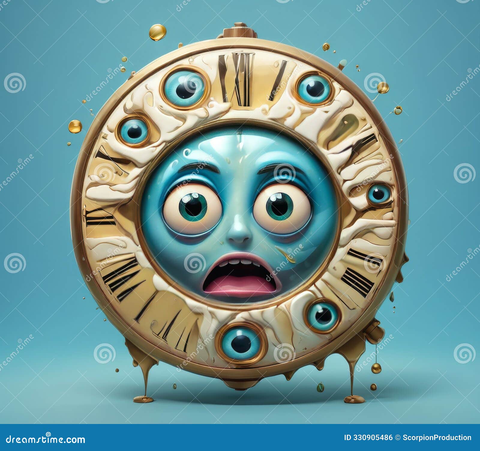 Surreal Clock with a Shocked Blue Face and Gold Elements Stock ...