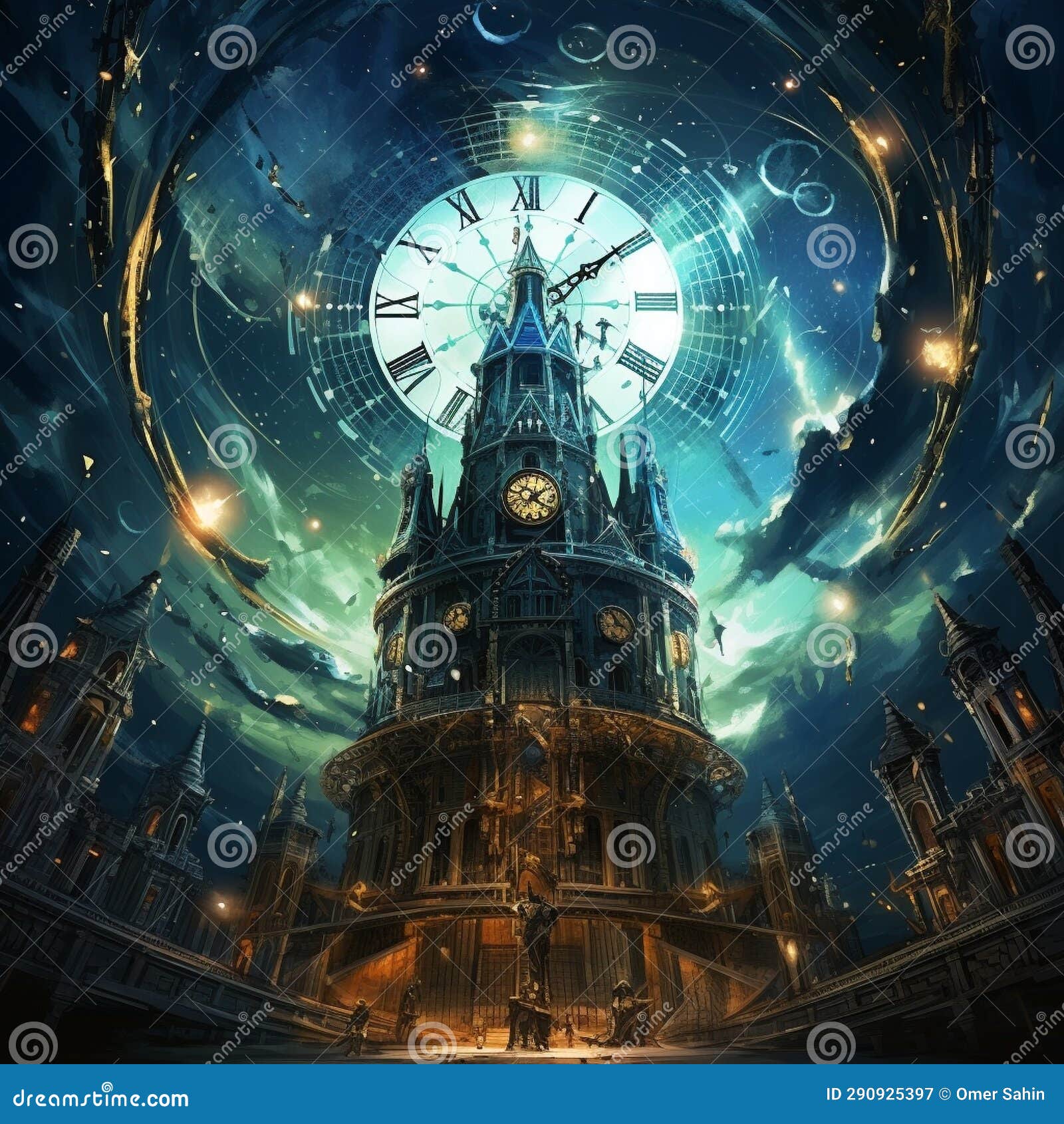 Surreal Clock Tower with Celestial Elements Stock Illustration ...